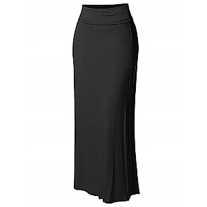 ShezPretty Women's Premium Fold Over High Waist Long Floor Length Maxi Skirt (Medium, Black)