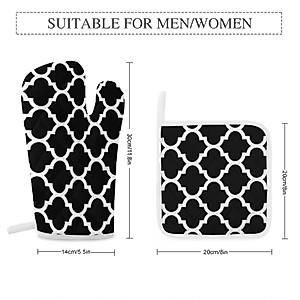 4PCS Oven Mitts Glove Kitchen Heat Resistant Pot Holders Set Black White Moroccan Quatrefoil Pattern Kitchen Microwave Oven Gloves Mitts Anti-Scald Baking Cooking Gloves