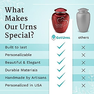 GetUrns - Embrace Hearts Urns for Human Ashes, Cremation Urns for Adult Ashes Men & Women, Cremation Urn for Home, Vault, or Niche, 200 cu. in, Double-Sided Engraving, Pearl Candy Red
