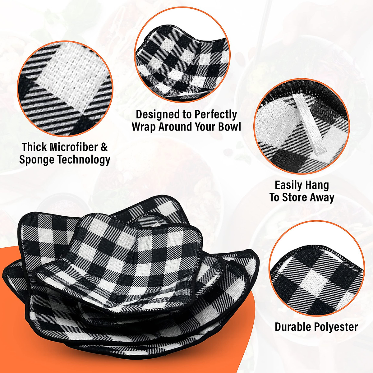 RS Collections 4 Pieces Microwave Bowl or Pot Holders Microwave bowl holder set to keep food warm Heat Resistant Potholder Protector Large Hot Pads Microwave Plate Holder (Black & White Plaid)