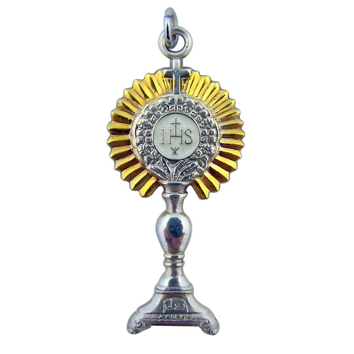 HMHReligiousMfg Gold Toned and Sterling Silver Two Tone Monstrance with Cross Pendant, 1 7/8 Inch