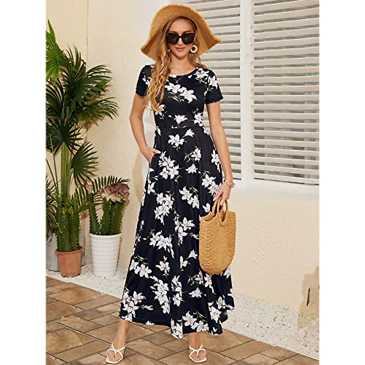 ZABERRY Womens Floral Maxi Dresses Summer Short Sleeve Round Neck Long Dress Lily Floral L