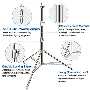 EMART 9.2ft/2.8m Stainless Steel Light Stand, Spring Cushioned Heavy Duty Tripod Stand with 1/4" to 3/8" Universal Adapter for Studio Softbox, Monolight, Umbrella, Reflector, Strobe Light, Photography