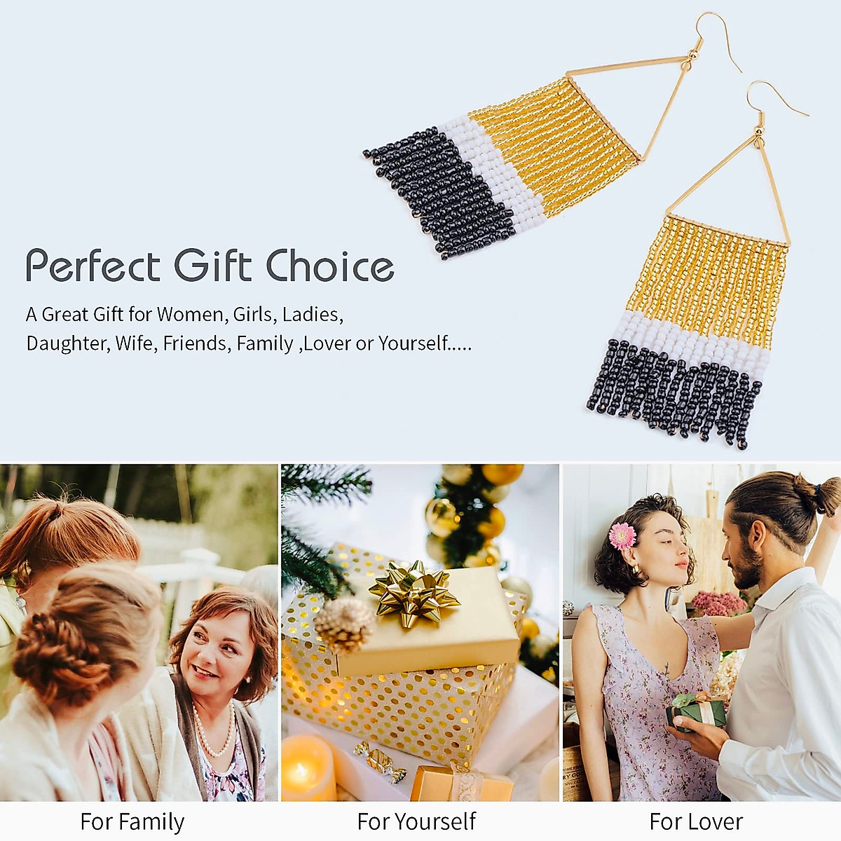 Handmade Beaded Tassel Earrings - Statement Seed Bead Earrings, Boho Beaded Fringe Drop Earrings for Women (TRIANGLE GOLD BLACK)