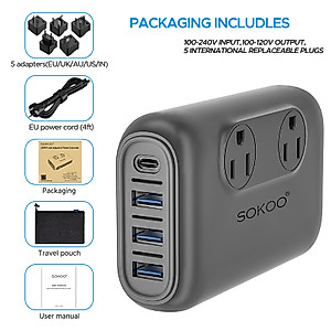 SOKOO International Power Adapter 220v to 110v Converter, Voltage Converter US to Europe with 3 USB A and 1 USB C Step Down Power Converter Adapter Combo for Curling Irons and Hair Straighteners