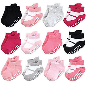 Hudson Baby Unisex Baby Non-Skid No-Show Socks, Pink Black, 6-12 Months