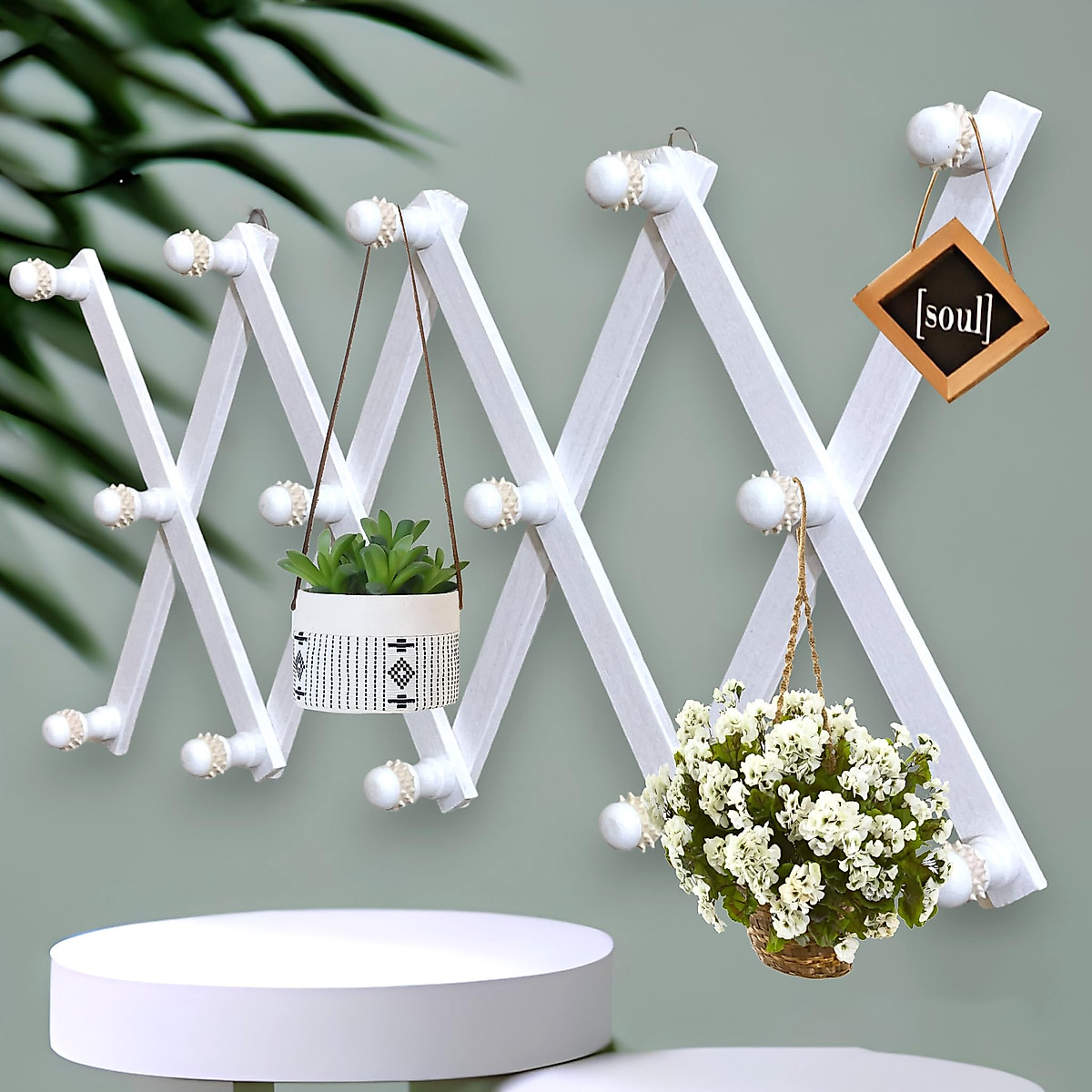 LENOX BOSS Accordion Wall Hanger, Expandable Coat Rack Wall Mounted, Wood Wall Accordion Hook Rack- Accordion Hat Rack for Coffee Mugs, Jackets, Purses, Scarfs, Non-Slip 14 peg Hooks White