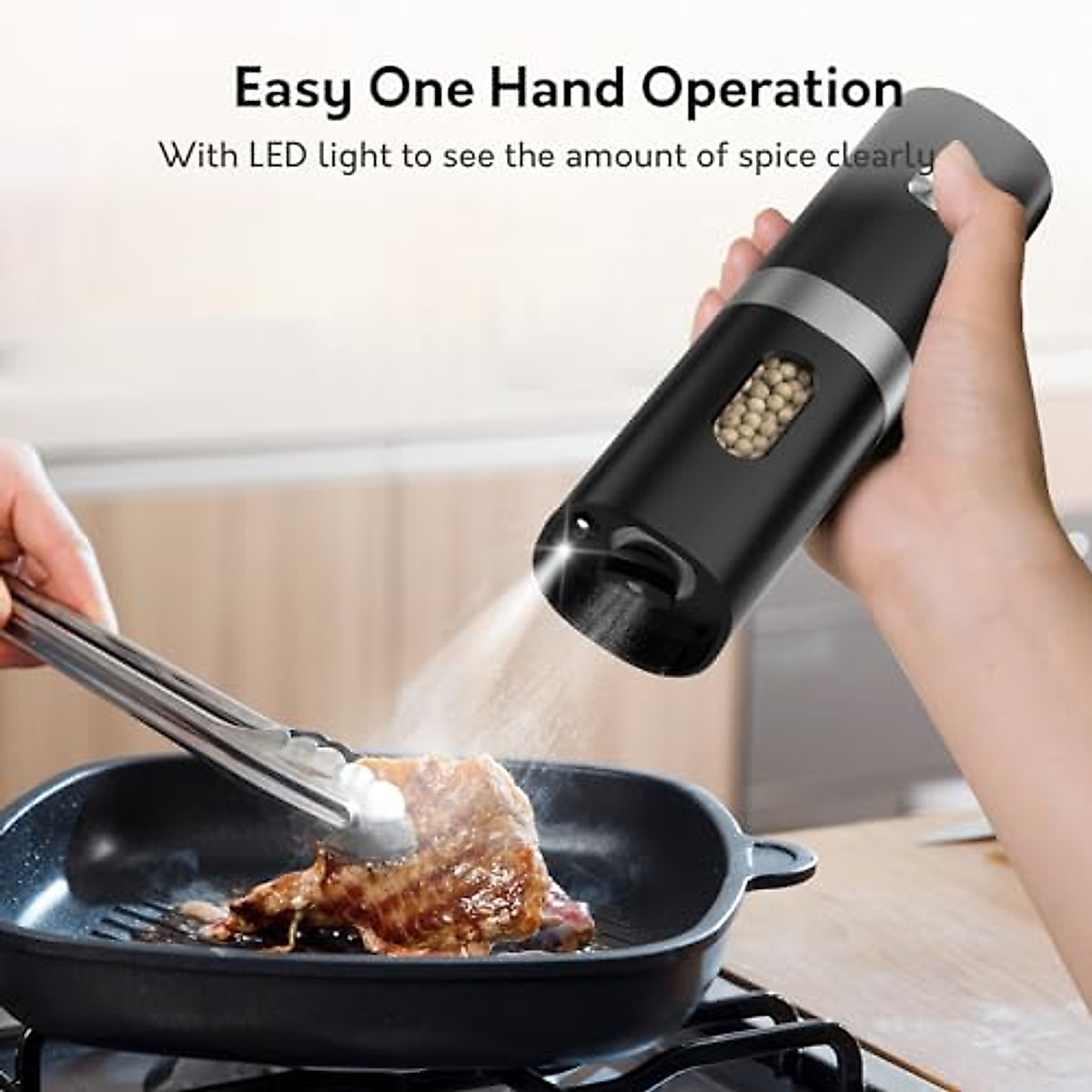 Syaws Electric Pepper and Salt Grinder 1 Pack,Battery Powered Pepper Grinders,Automatic Pepper Mill with LED Light,Adjustable Coarseness One-Hand Operation(Single Black-Battery Operated)