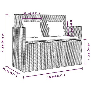 vidaXL Patio Loveseat Bench - Gray Poly Rattan Outdoor Furniture with Cushion Storage & Washable Covers, Weather-Resistant, Powder-Coated Steel Frame - 47.2"x19.7"x35.6"