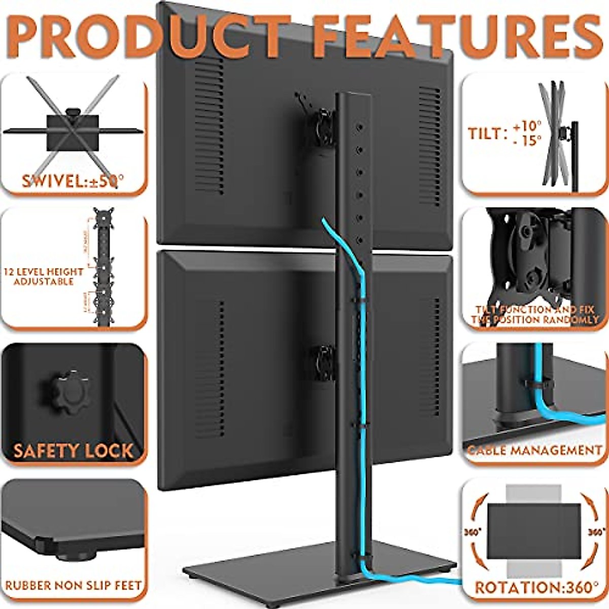 Dual Monitor Stand - Vertical Stack Screen Free-Standing Monitor Riser Fits Two 13 to 34 Inch Screen with Swivel, Tilt, Height Adjustable, Holds One (1) Screen up to 44Lbs HT05B-002