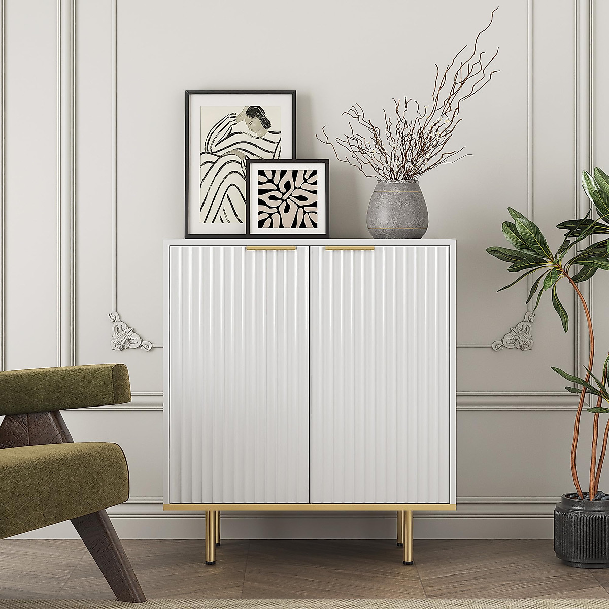 Fluted Sideboard Cabinet, Buffets & Sideboards, 2 Door Design, Elegant White Sideboard - Acceent Cabinet Ideal for Dining Room and Kitchen Storage 31.4 INCH