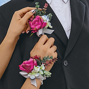 Campsis Wedding Corsage Boutonniere Set Pink Rose Flower Wrist Bride Buttonholes Flower Decor Bride Girls Lady Accessories for Prom and Dinner Party(2pcs)