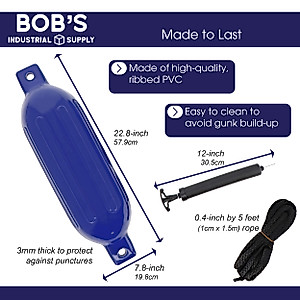 BISupply Boat Bumpers for Docking - Boat Fenders Blue 2 Pack 22.8 x 7.8in Buoys with 2 Fender Lines and 12in Inflator