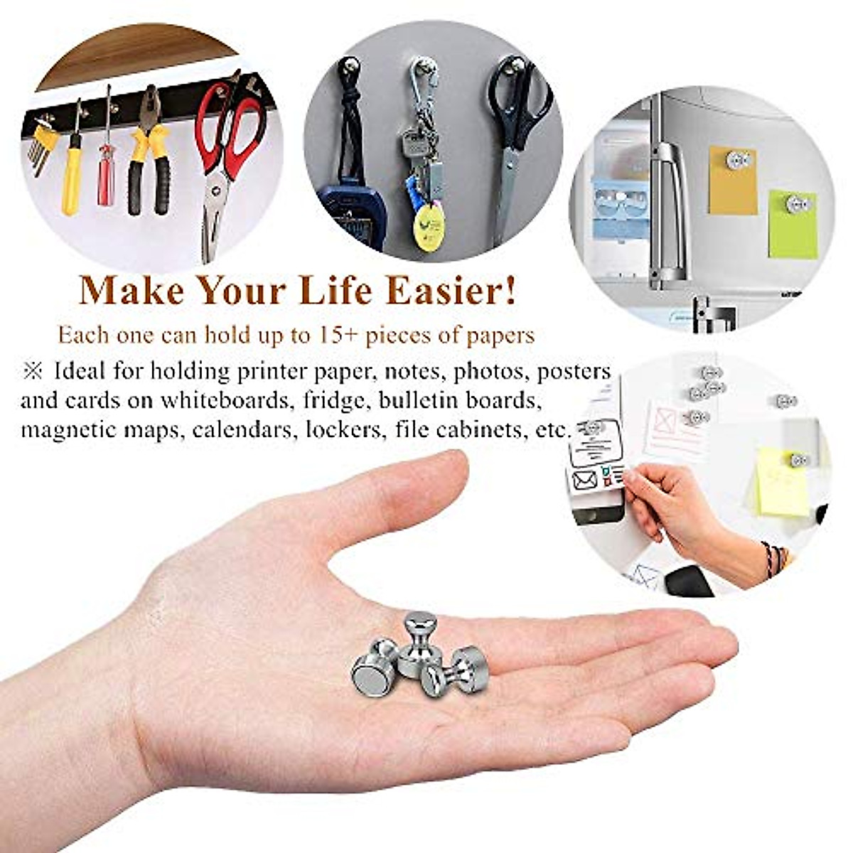 Refrigerator Magnet Push Pin - Rakizbe Brushed Nickel Steel Fridge magents, Magnetic Pushpins, Magnet Thumb Tacks, Magnets for Whiteboard, Kitchen, Office, Bulletin Board, Lockers (Sliver)