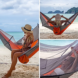 YOOMO Camping Hammock with Mosquito Net & 10ft Hammock Tree Straps Portable Lightweight Parachute Fabric Travel Bed for Hiking, Backpacking, Garden. (Gray/Orange)