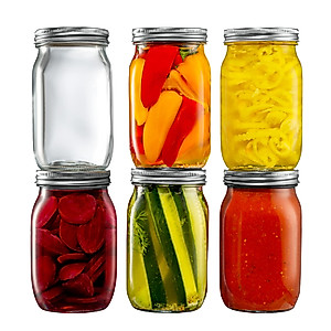 [6 Pack] 32 oz. Wide-Mouth Glass Mason Jars with Metal Airtight Lids and Bands 1 quart Large for Canning, Preserving, & Meal Prep
