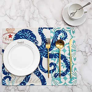 Ocean Animals Placemats Set of 4 Marine Organism Sea Horse Turtle Shell Octopus Table Mats for Dining Table 16.5x12.6 Inches