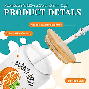 Joyclub 10 Pack Sublimation Glasses Blanks with Bamboo Lids and Straws 16 OZ Frosted Glass Can Tumbler Cups with Shrink Wrap Films for Iced Coffee Beer Juice Soda DIY Gift