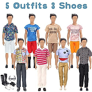 18 PCS Doll Clothes and Accessories for Ken and 11.5 inch Dolls Include 5 Boy Outfits 5 Girl Outfits 3 Pair of Boy Shoes 3 Pair of Girl Shoes 2 Glasses for 12 inch Boy and Gril in Ramdon