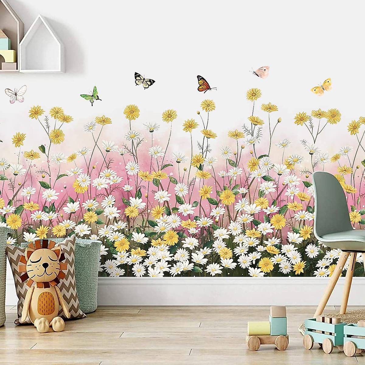 2 Sheets Yellow Daisies Flowers Wall Decals Small Fresh White Chrysanthemum Wall Stickers Pink Gypsophila Wall Art Murals for Baby Kids Girls Bedroom Living Room Corners Skirting Lines Waist Lines