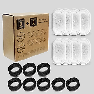 Porens 8 Pack Cat Water Fountain Replacement Filters with 8 Pack Pre-Filter Sponges, Pet Fountain Filter Fit for Stainless Steel 101oz/3L and 108oz/3.2L and 4.0L/135oz Pet Dog Cat Water Fountain