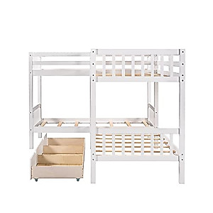 RORIGAT Twin Over Twin Quad Bunk Bed with Trundle Bed, L-Shape Bunk Bed for 4 with Ladder, Wooden Corner Bunk Bed for 4 Kids Boys Girls Teens,Gray
