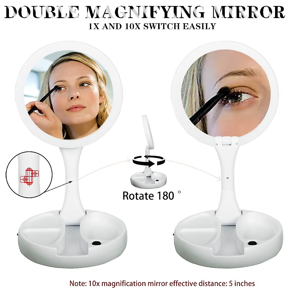 Softfree Lighted Folding Makeup Mirror, 1X/10X Magnification Double Sided Mirror, 5.9Inch LED Vanity Mirror for Travel, Home (White)