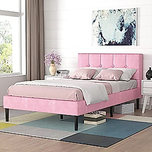 Twin Size Fabric Upholstered Platform Bed Frame with Button Tufted Stitched Headboard, Mattress Foundation with Metal Wood Slat Support, No Box Spring Needed, Noise Free Design, Easy Assembly, Pink