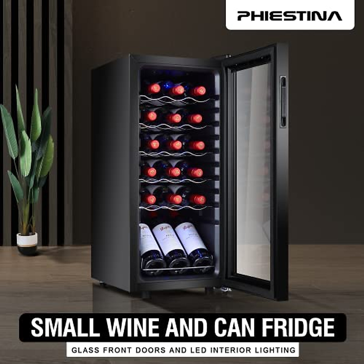 Phiestina Wine Cooler Wine and Beverage Refrigerator 18 Bottles or 15 Bottles 9 cans Beer Fridge Freestanding,with Removable Shelves Interior Lighting Digital Touch Control for Home/Bar/Office