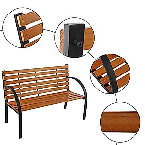 YYAO Garden Bench Love Seat Outdoor Patio Bench Metal Bench Park Bench with Backrest & Armrests,Hardwood Patio Furniture Bench for Porch Work Entryway Yard Lawn,Brown