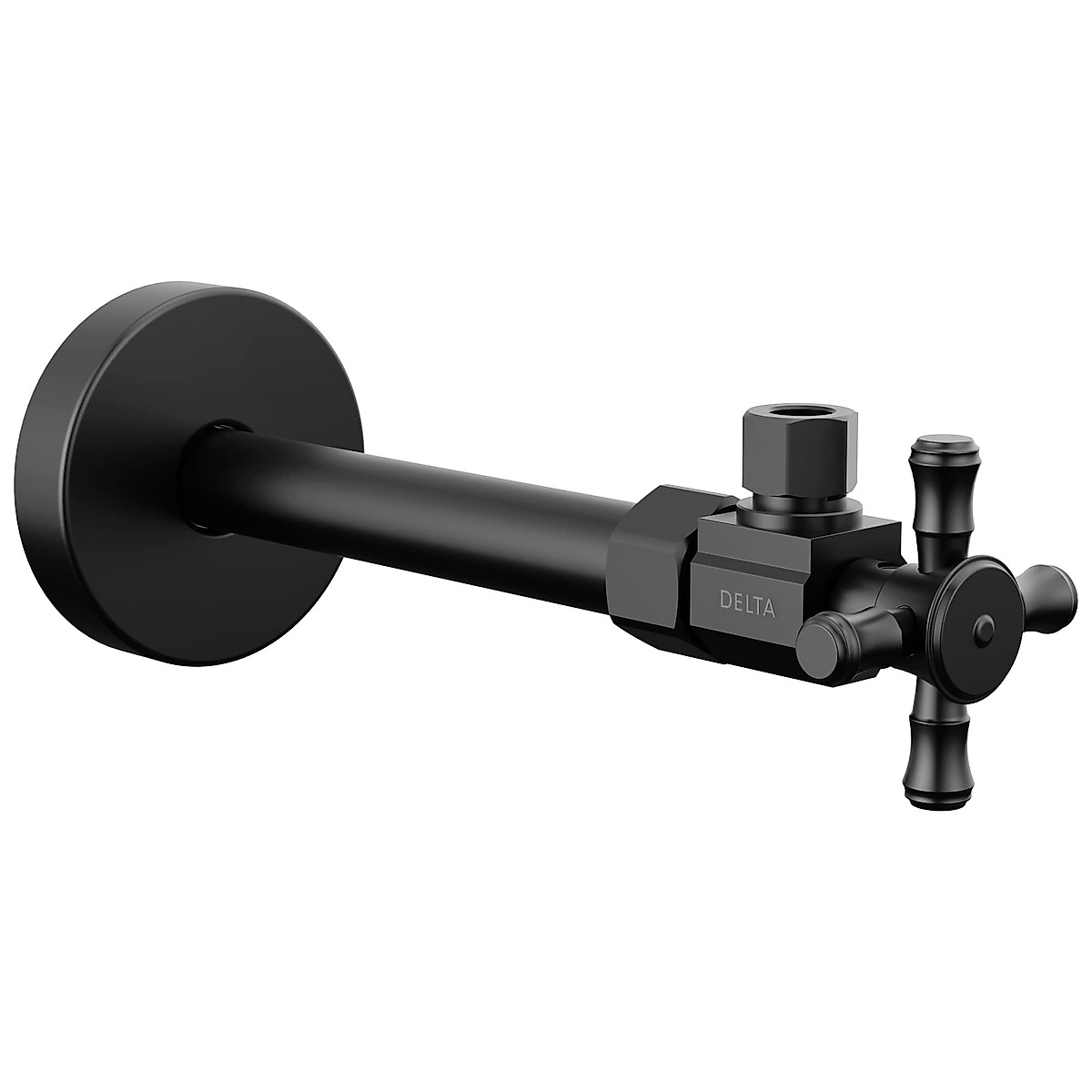 Delta Faucet 1/2" x 3/8" Angled Supply Stop Valve with Transitional Handle Black, Water Shut Off Valve, Brass Shut Off Valve, 1/4 Turn Shut Off Valve, Matte Black DT022202-BL