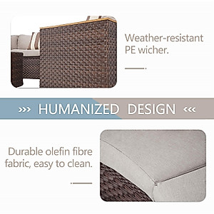 Betterland 5 Piece Curved Outdoor Sectional Sofa Half-Moon Patio Furniture Set, All-Weather PE Rattan Wicker Patio Conversation Set with Washable Cushion and Glass Table(Brown)