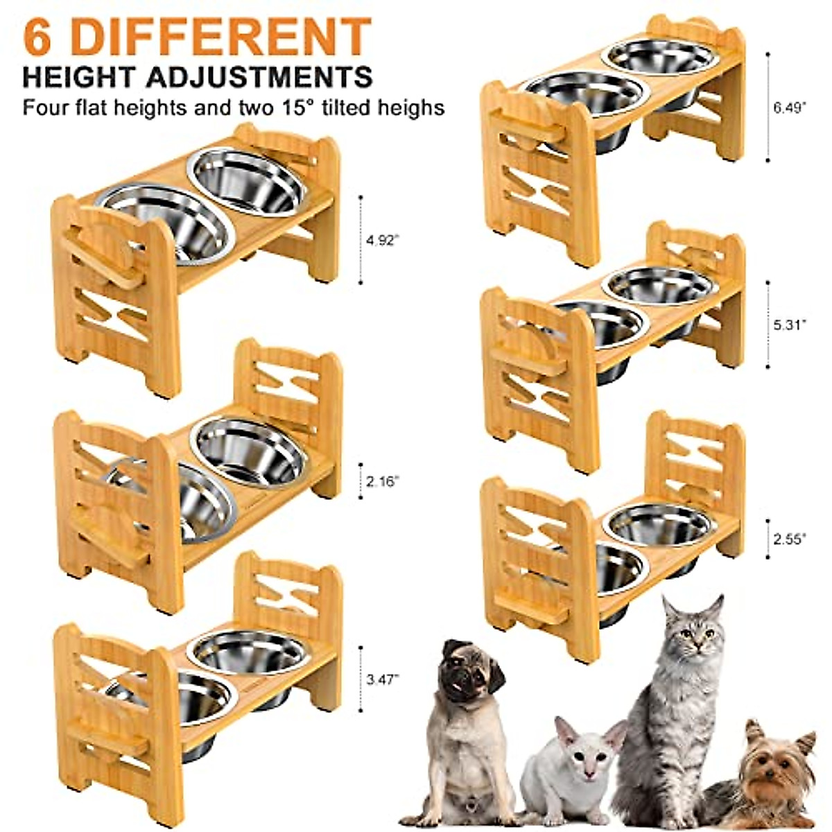 SEASOULSTAR Elevated Dog Bowls for Small Dogs and Cats -Tilted Adjustable Raised Dog Bowls with 2 Stainless Steel Bowls,Non-Slip Bamboo Dog Cat Feeder