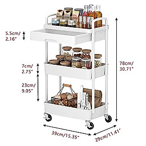 Dttwacoyh 3-Tier Rolling Cart，Trolley with Drawer, Multifunctional Storage Organizer with Plastic Shelf & Metal Wheels, Kitchen Storage Cart for Living Room, Kitchen, Office, Bathroom, White