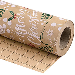 WRAPAHOLIC Kraft Christmas Wrapping Paper - Mini Roll - 17 Inch X 33 Feet - Merry Christmas Lettering with Christmas Leaves Design for Chrsitmas, Holiday, Party Celebration