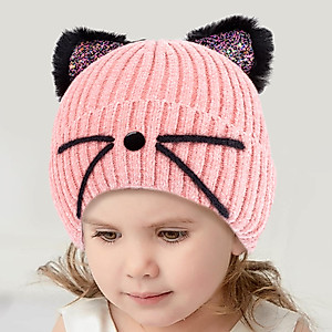 Girls Sequin Cat Ears Hats Cute Winter Beanies Hat for Outdoor Snow Ski Warm Knit Caps (Age 7-15)