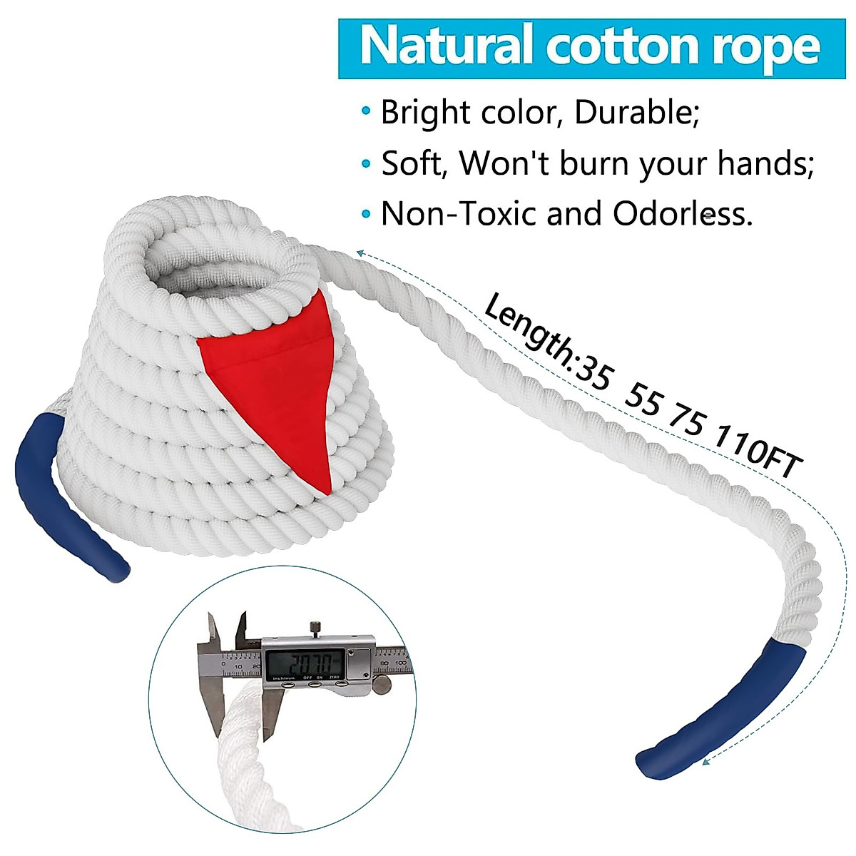 X XBEN 35 Feet Tug of War Rope with Flag for Kids, Teens and Adults, Soft Polypropylene Rope Games for Team Building Activities, Family Reunion, Birthday Party-15 ft,55 ft,110 ft White