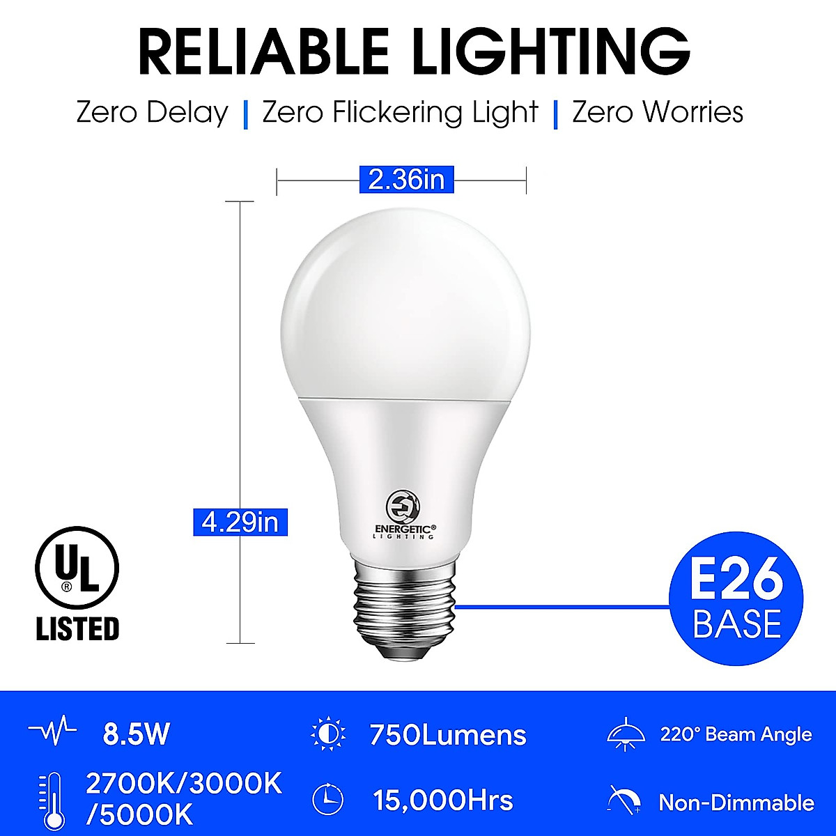 E ENERGETIC LIGHTING A19 Daylight LED Bulbs, 8.5W Llight Bulbs 60 Watt Equivalent, Non-dimmable, 6 Packs