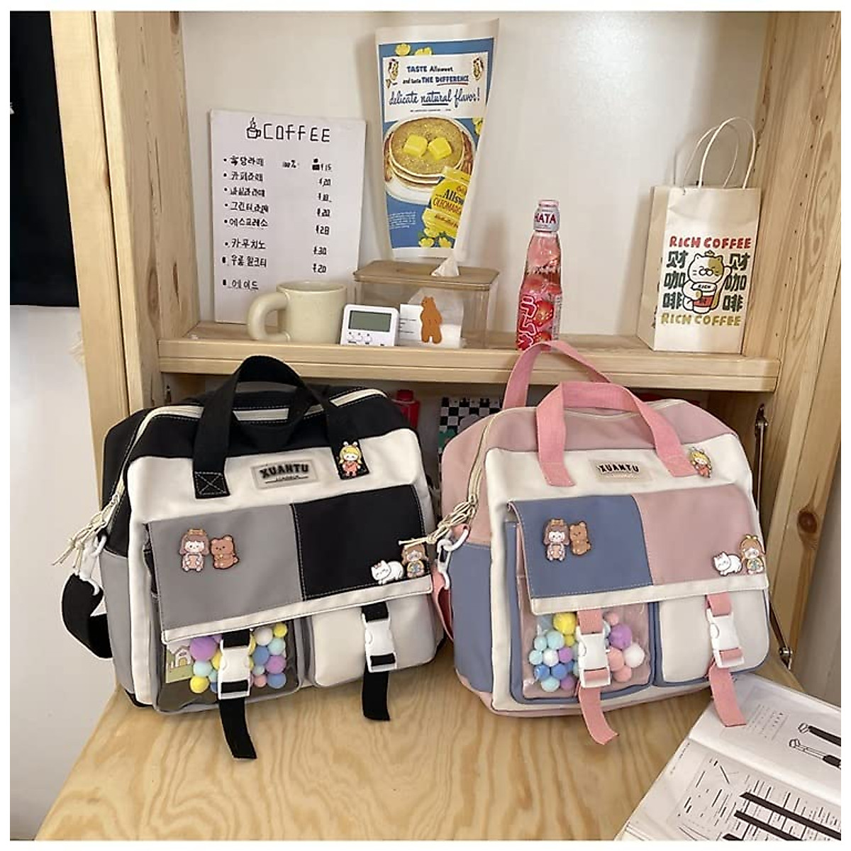 Kawaii Backpack with Pom Pom, Japanese Cute Tote Bag Aesthetic Crossbody Shoulder Bag Messenger Bag School Handbag (Pink)