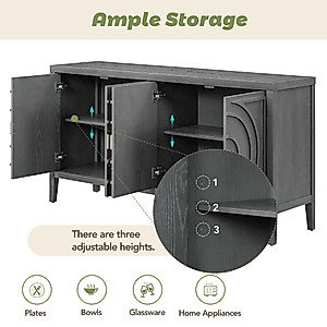 P PURLOVE Retro Accent Sideboard Cabinet with 4 Doors, Freestanding Storage Console Table with Circular Groove Design and Metal Door Handle, Wooden Sideboarddoor for Dining, Hallway (Gray)