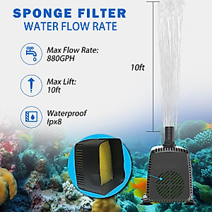 Knifel Submersible Pump 880GPH (3500 L/H 60W) with AUTO-Shut-Off 10ft High Lift for Fountains, Hydroponics, Ponds, Aquariums & More