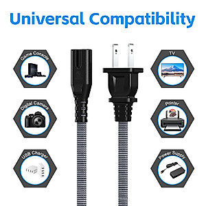 AC Power Cord 30FT(1 Pack), 2 Prong TV Power Cord, Nylon Braid Cable Replacement for Xbox One S, Xbox One X, Xbox Series X, PS3, PS4, PS5, Compatible for Printer, Monitor, Sound Bar, Game Console