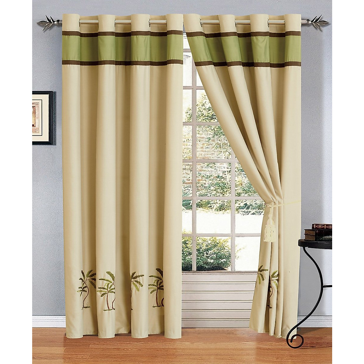 3-Piece King Size Duvet Cover Set in Sage Green/Beige/Brown Colors. Tropical Palm Tree Embroidered Set - Luxury, Ultra Soft and Durable