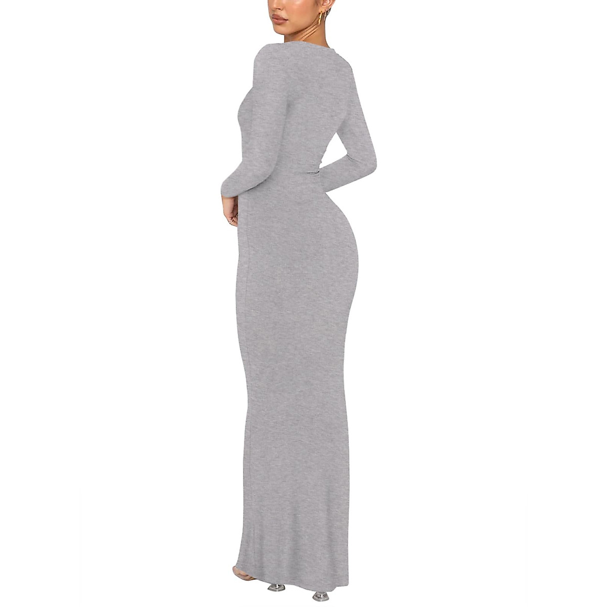 REORIA Women's Sexy Casual Crew Neck Lounge Slimming Long Dress Elegant Wedding Guest Long Sleeve Ribbed Bodycon Maxi Dresses Light Grey Small