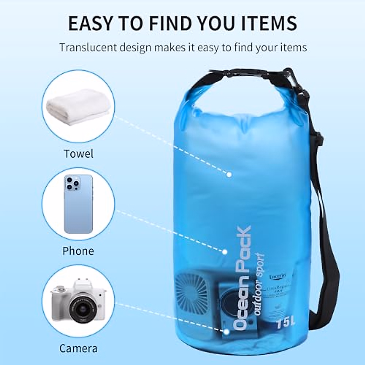 BACK KTCL Waterproof Dry Bag for Women Men,10L/15L Roll Top Lightweight Dry Storage Bag Backpack,Floating Sack with Waterproof Phone Case, Kayaking,Swimming, Camping, Hiking, Beach (Blue, 15L)