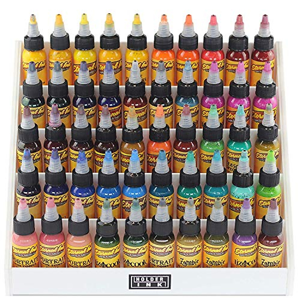 Holder Ink acrylic display stand organizer for tattoo inks, nail polish bottles and other beauty essentials that keeps them organized, secured and ready to use.