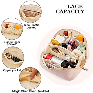 Telena Makeup Bag Large Capacity Travel Cosmetic Bag Portable Lightweight Makeup Organizer Bags for Women with Handle and Divider Open Flat Light Pink