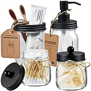 Mason Jar Bathroom Accessories Set 4 Pcs -Lotion Soap Dispenser & 2 Cotton Swab Holders & Toothbrush Holder - Rustic Farmhouse Decor, Bathroom Home Decor, Perfect Decorating Idea (Black)