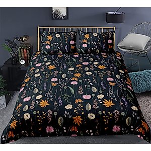 CCoutueChen Black Floral Duvet Cover King Size Vibrant Flower Leaves Printed Pattern Bedding Set with Butterfly 3 Pieces Soft Comfortable Microfiber Cover with Zipper and Ties