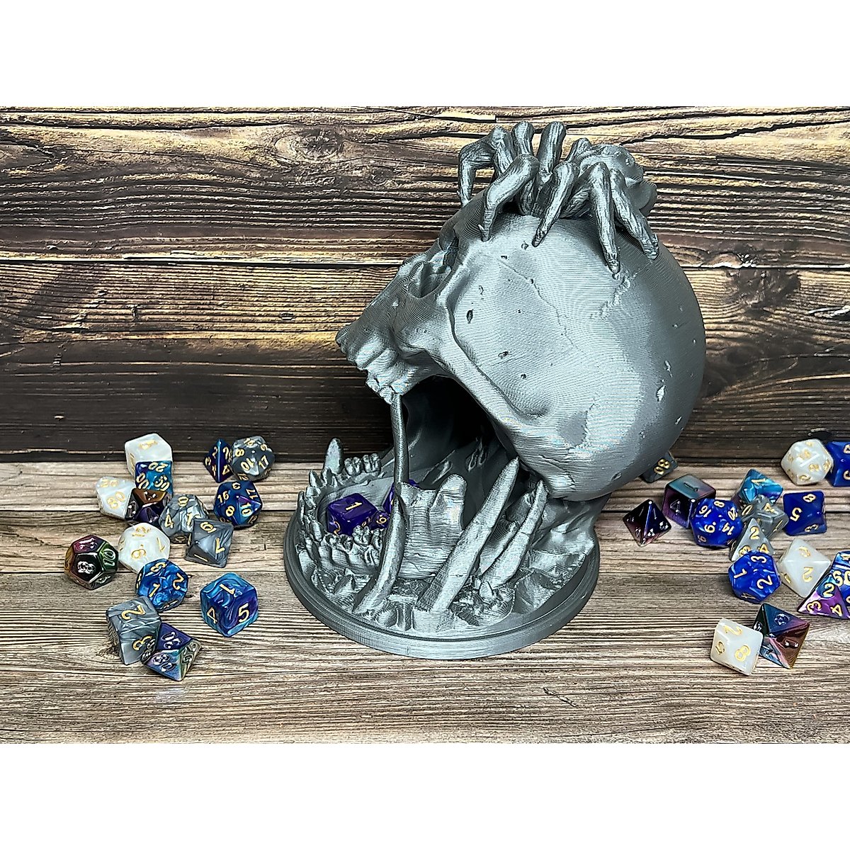 MunnyGrubbers - 6.5" Skull Dice Tower - (Random 7PCS D20 Dice Set Included) - No Paint Odorless Plastic - Tabletop Roleplaying Game - Dice Roller - Dungeons and Dragons - DND - D&D - (Silver)